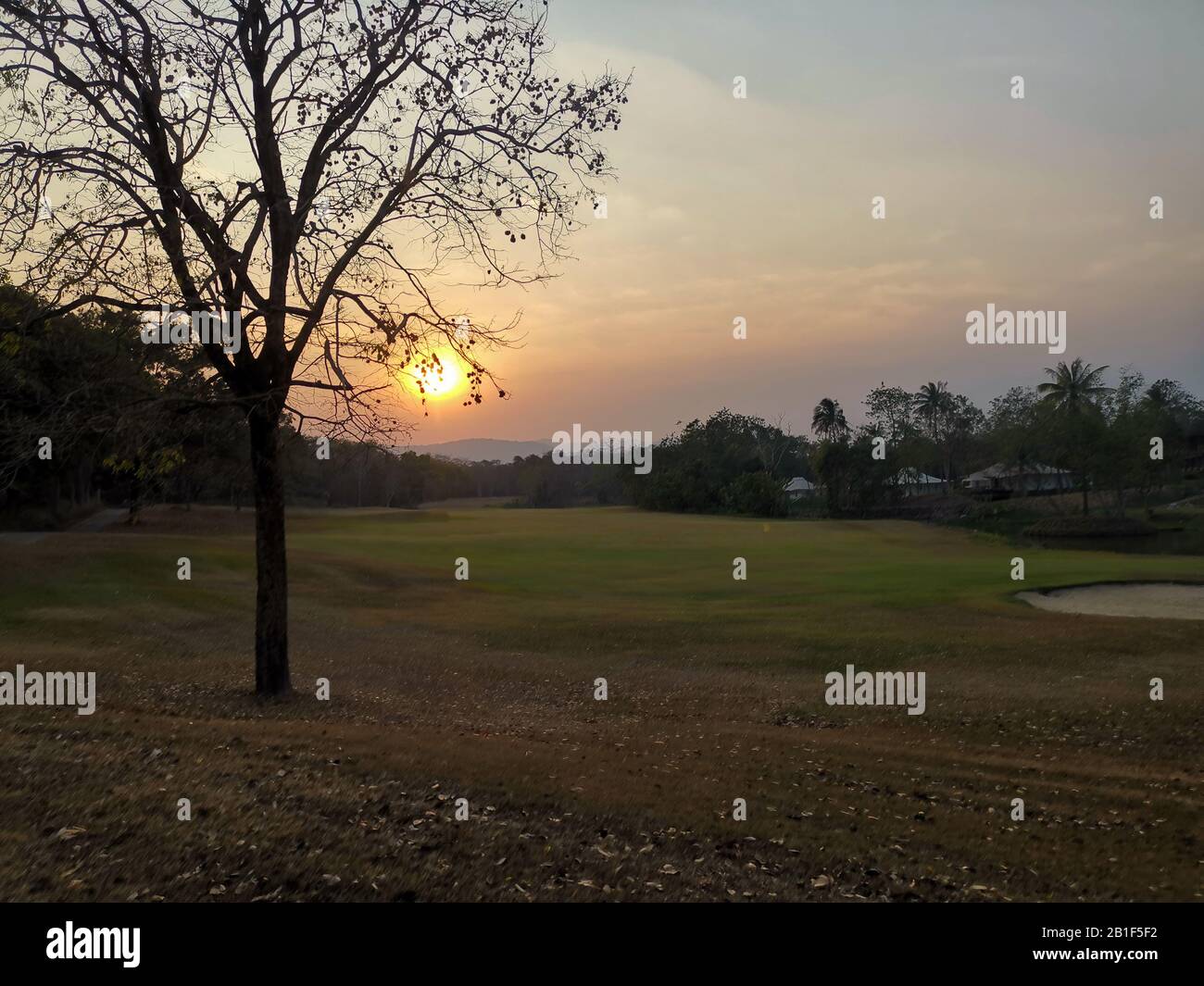 Beautiful scene of big sunset at green grass of golf course Stock Photo ...
