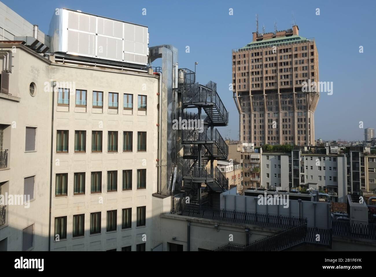 Elevated view of Torre Velasca, a 1950, mid century modern Italian high ...