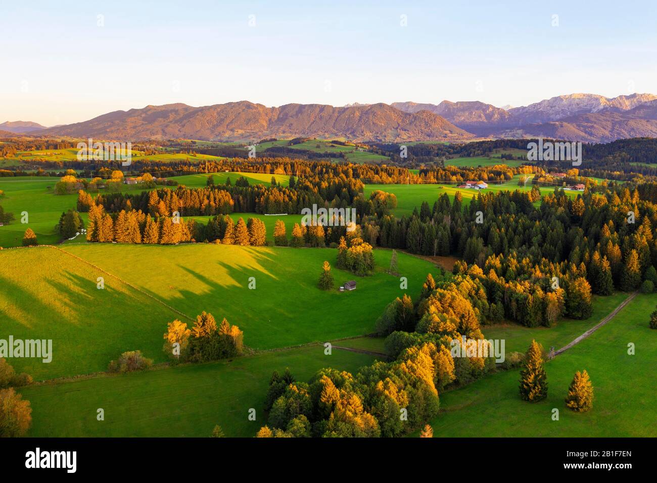 Alpine foreland in the evening light, Ammergau Alps, near Lechbruck ...