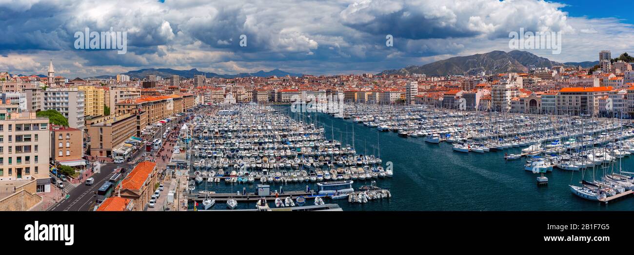 Panoramic view of sunny Old Vieux Port on sunny day in the historical ...