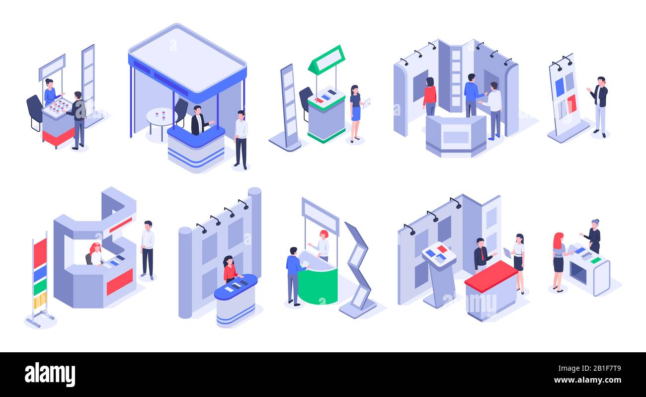 Isometric sale stands. Expo demonstration stand, product exhibition ...