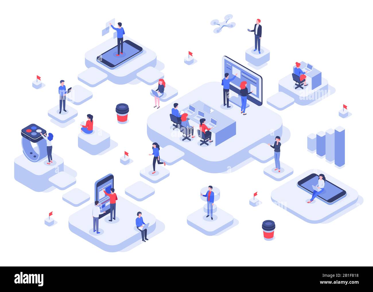 Isometric work team. Cloud workplaces platforms, modern teams workflow process and development ...