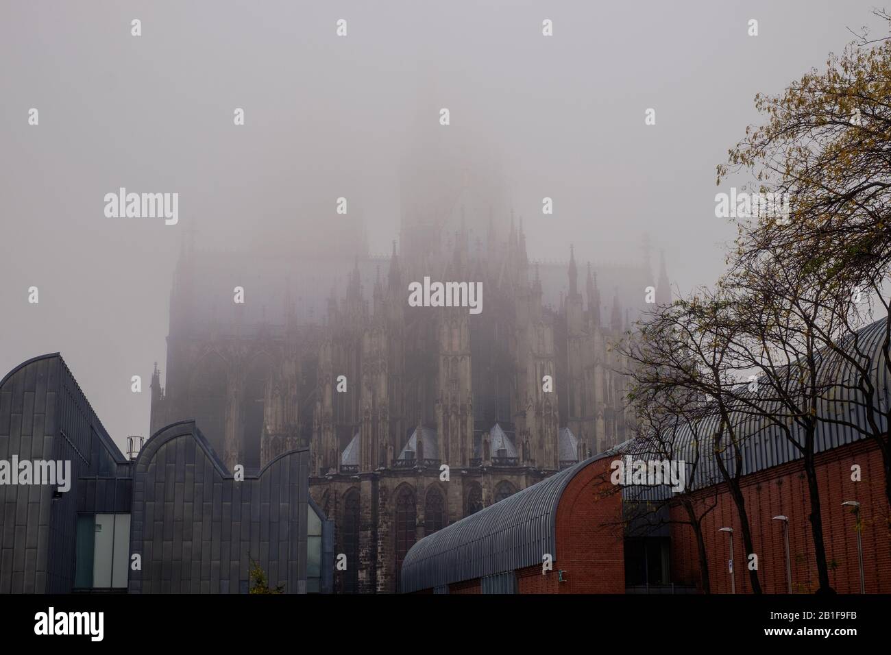 The backside of the cathedral of Cologne is covered in mist. The spires ...