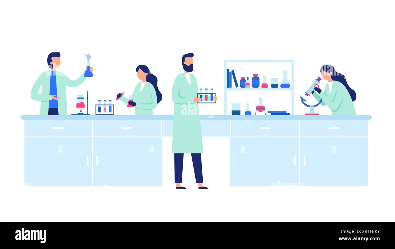 Scientific research. Scientist people wearing lab coats, science ...