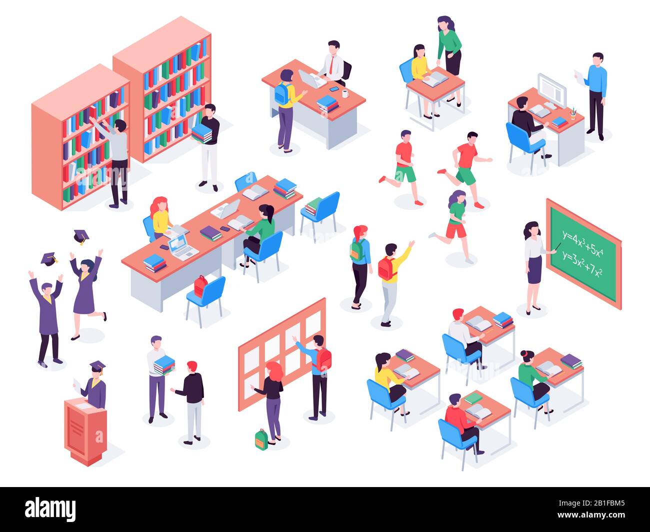 Isometric school. Childrens and teacher in classroom, students in ...