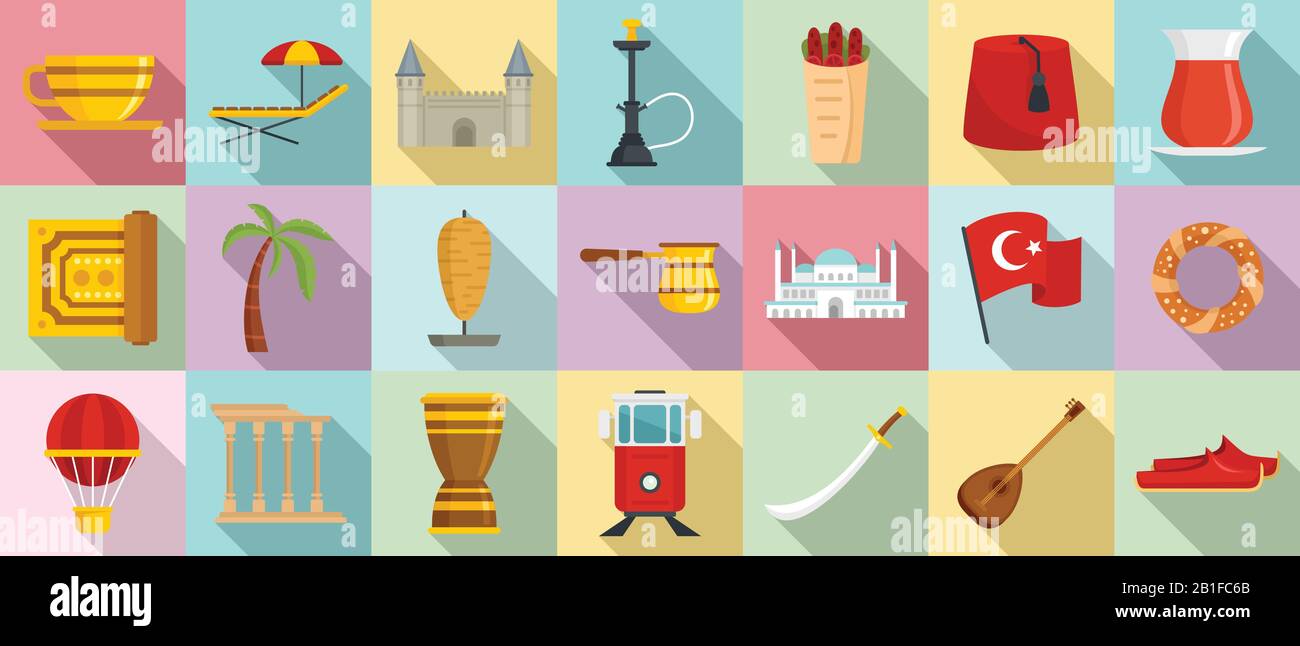Turkey country icons set. Flat set of turkey country vector icons for ...