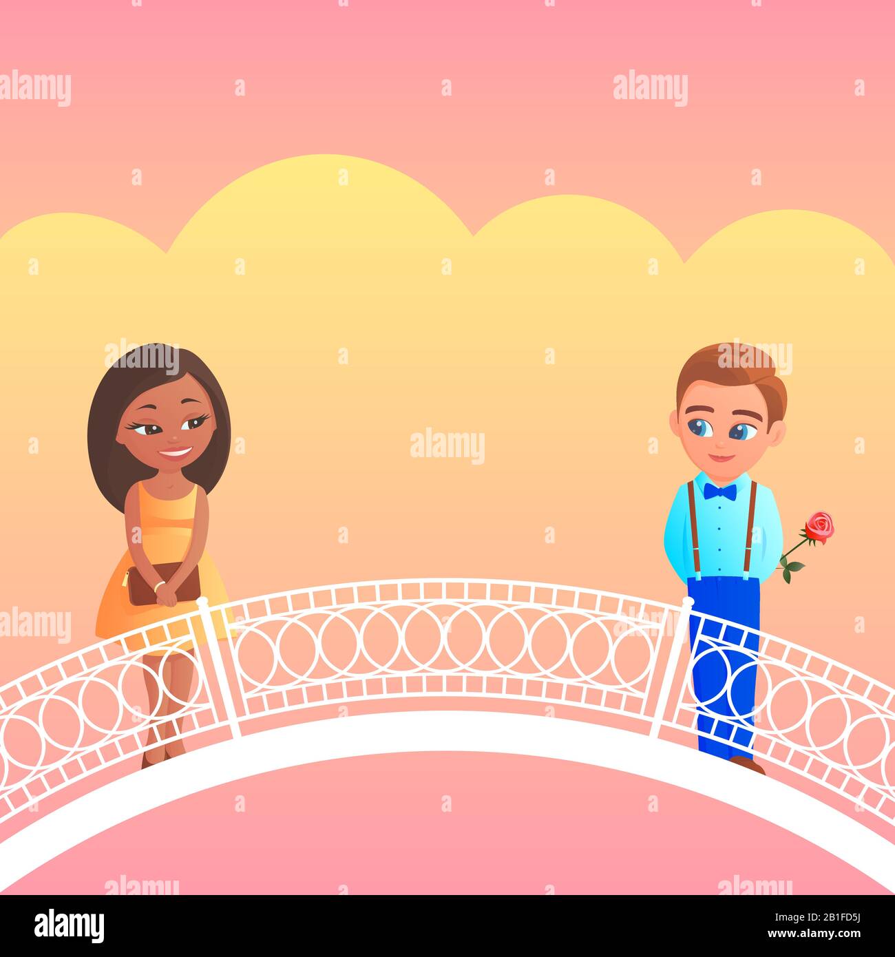 Cartoon boy and girl met on the bridge. She is in a yellow dress and a ...