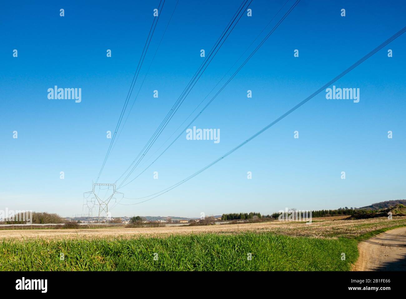 22/02/2020, France-A high-voltage line with pylons that crosses the ...