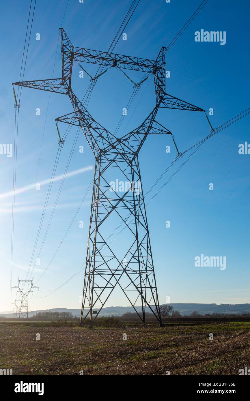22/02/2020, France-A high-voltage line with pylons that crosses the ...