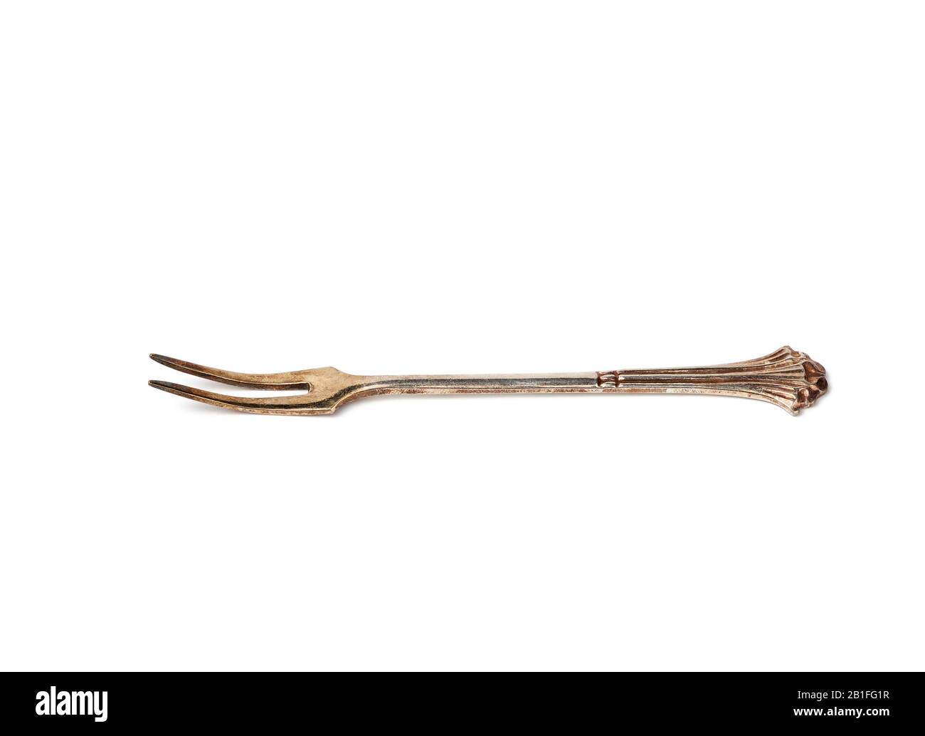 metal two-prong vintage silver fork isolated on white background, close ...