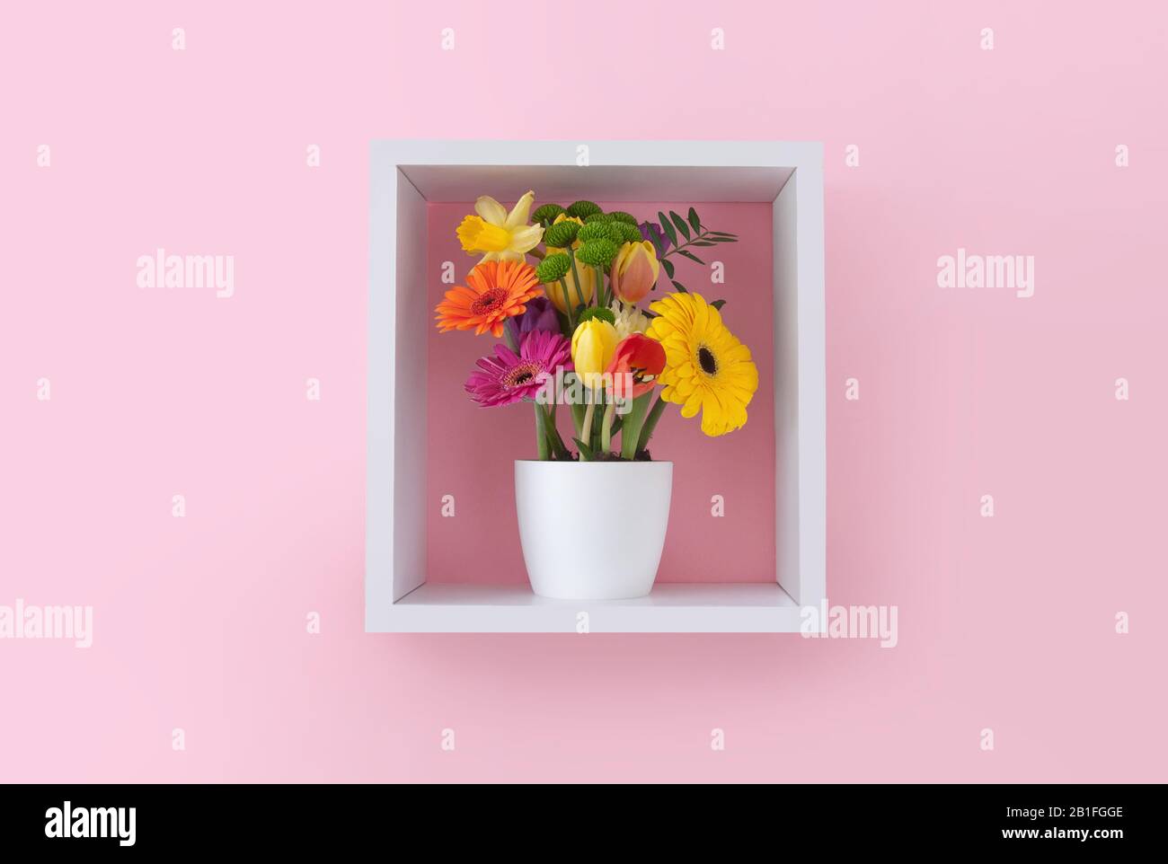 Spring flowers in a cube shelf display unit against pink wallpaper ...