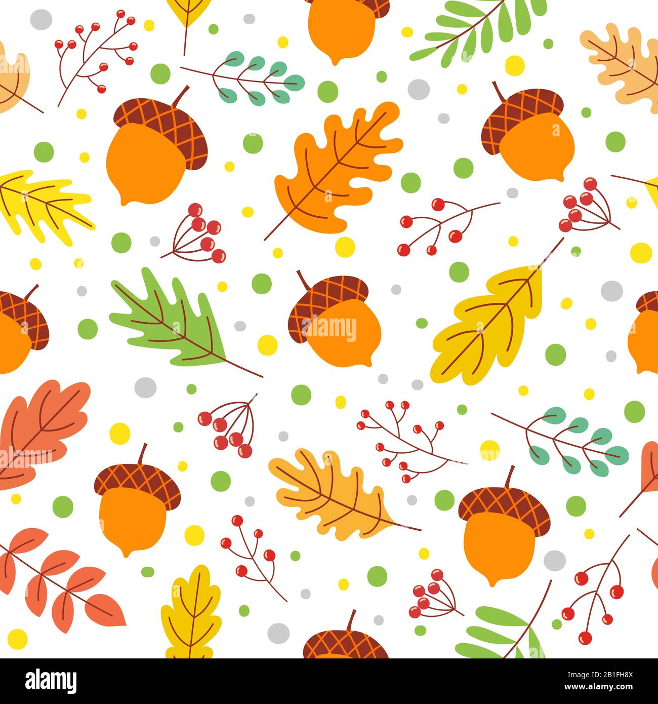 Seamless autumn leaves pattern. Fall season colors, fallen yellow leaf and autumnal acorns ...