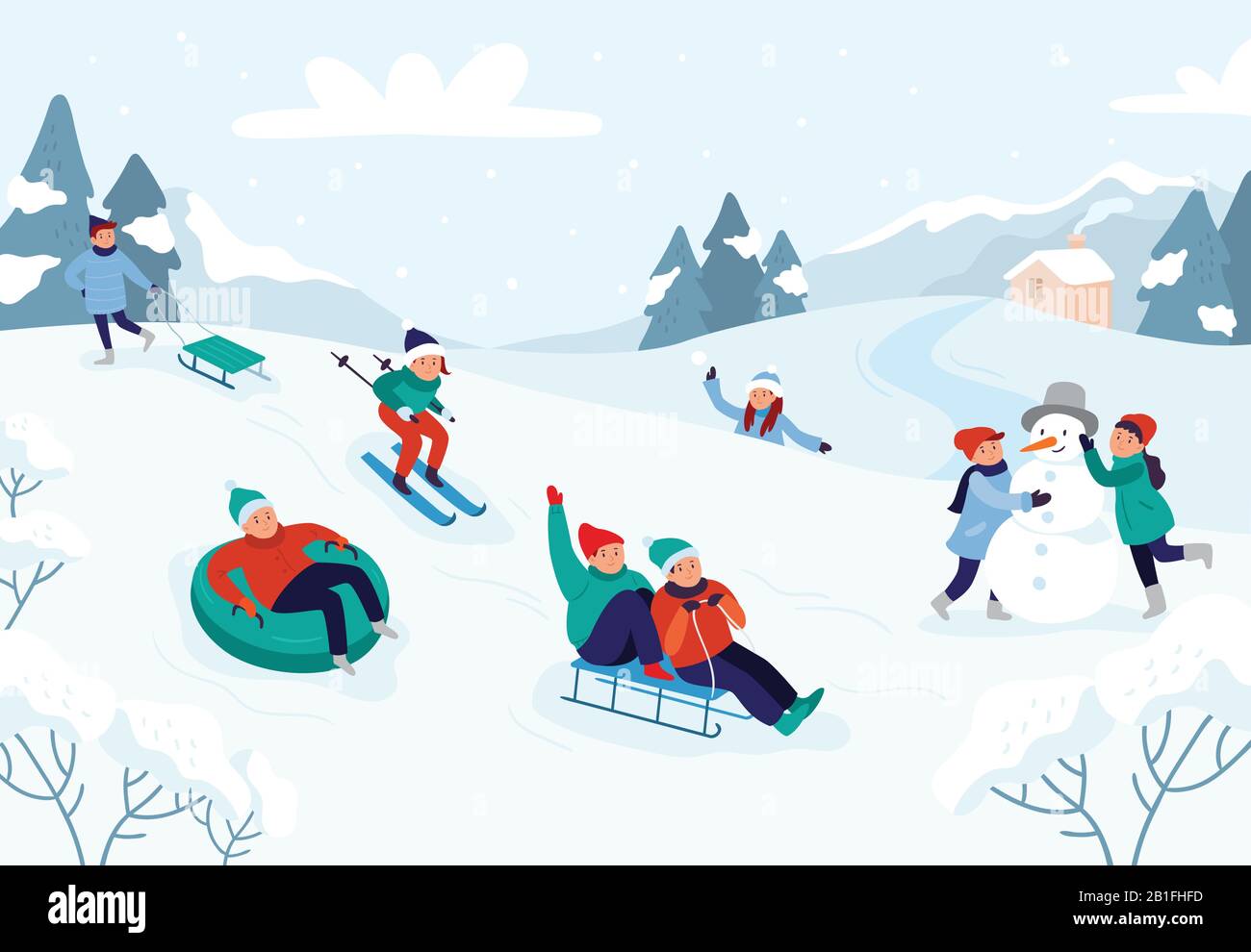 Kids riding sledding slide. Snow landscape, winter snowy fun activities ...