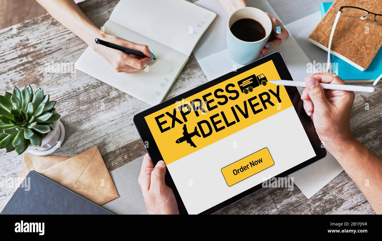 Express delivery form on screen, transportation and logistic concept ...