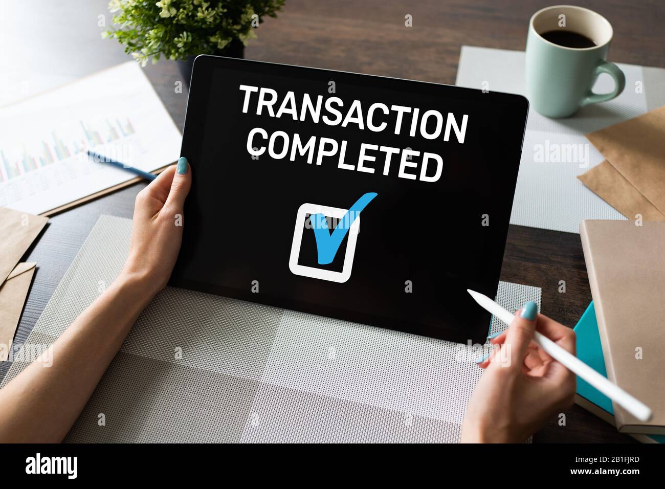 Transaction completed message on screen. Digital banking and online ...