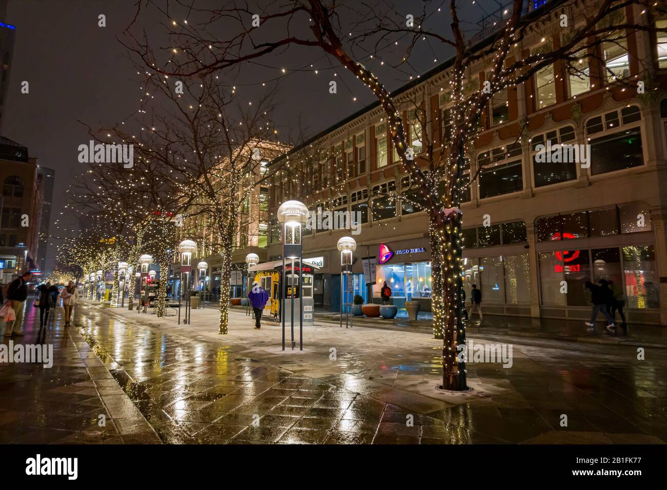 Denver, FEB 12: Night street view of downtown on FEB 12, 2020 at Denver ...
