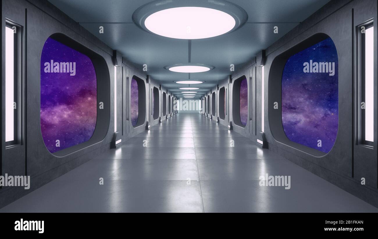 3d render. Futuristic spaceship scifi corridor architecture Stock Photo ...