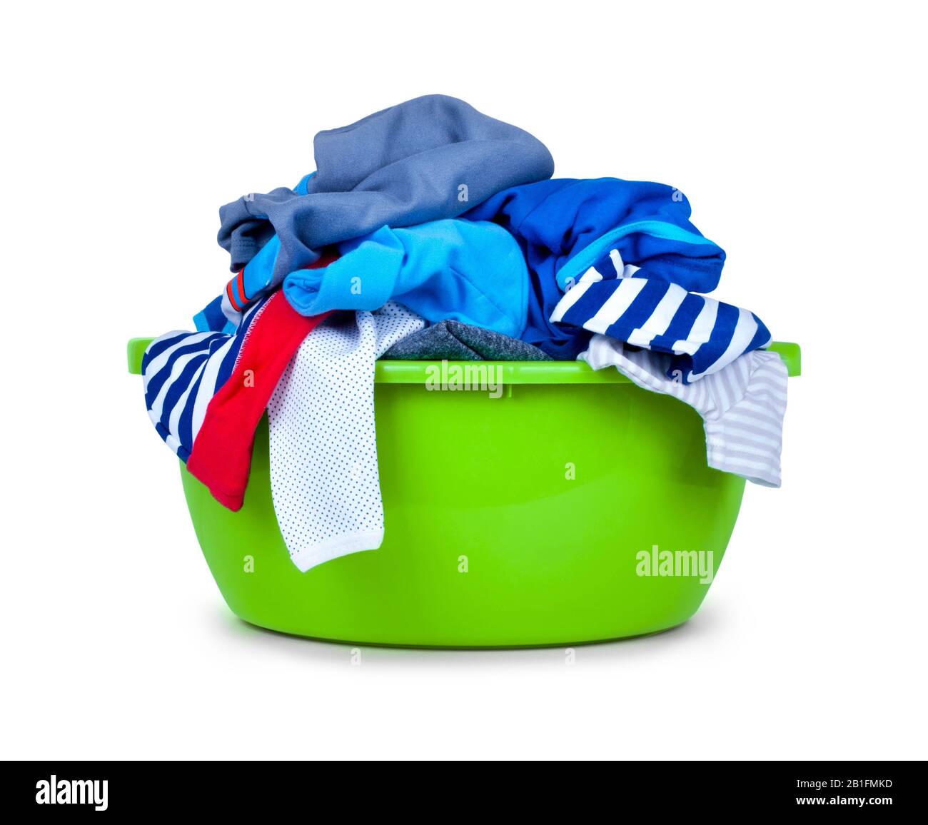 green plastic wash bowl with clothing isolated on white background ...