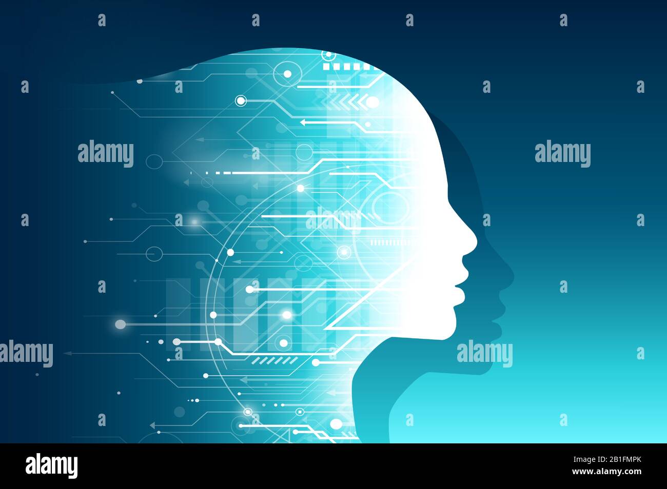 Vector silhouette of a female human head made of circuit computer board ...
