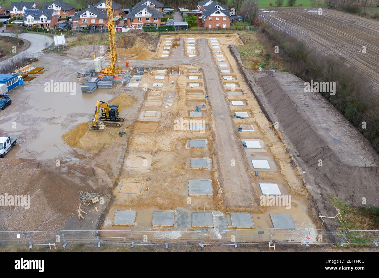 Drone images of a large construction site on which the concrete ...