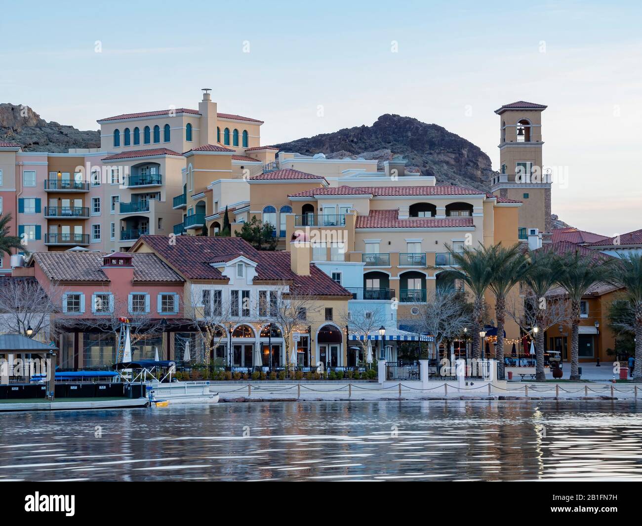 Sunset view of the beautiful buildings in Lake Las Vegas at Nevada ...