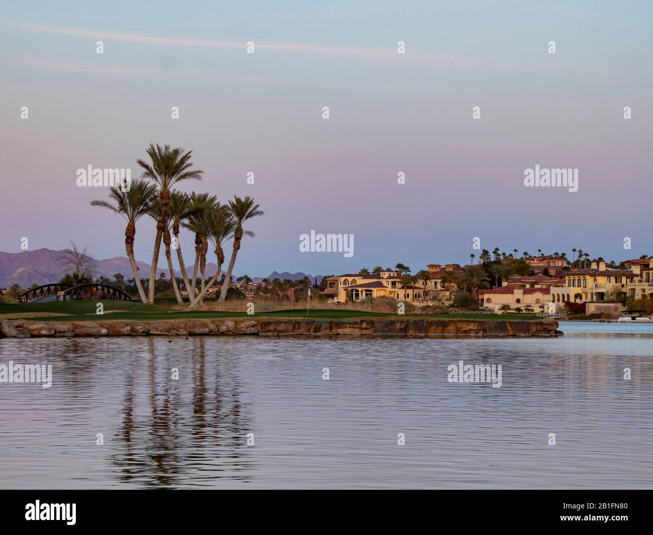 Sunset view of the beautiful buildings in Lake Las Vegas at Nevada ...