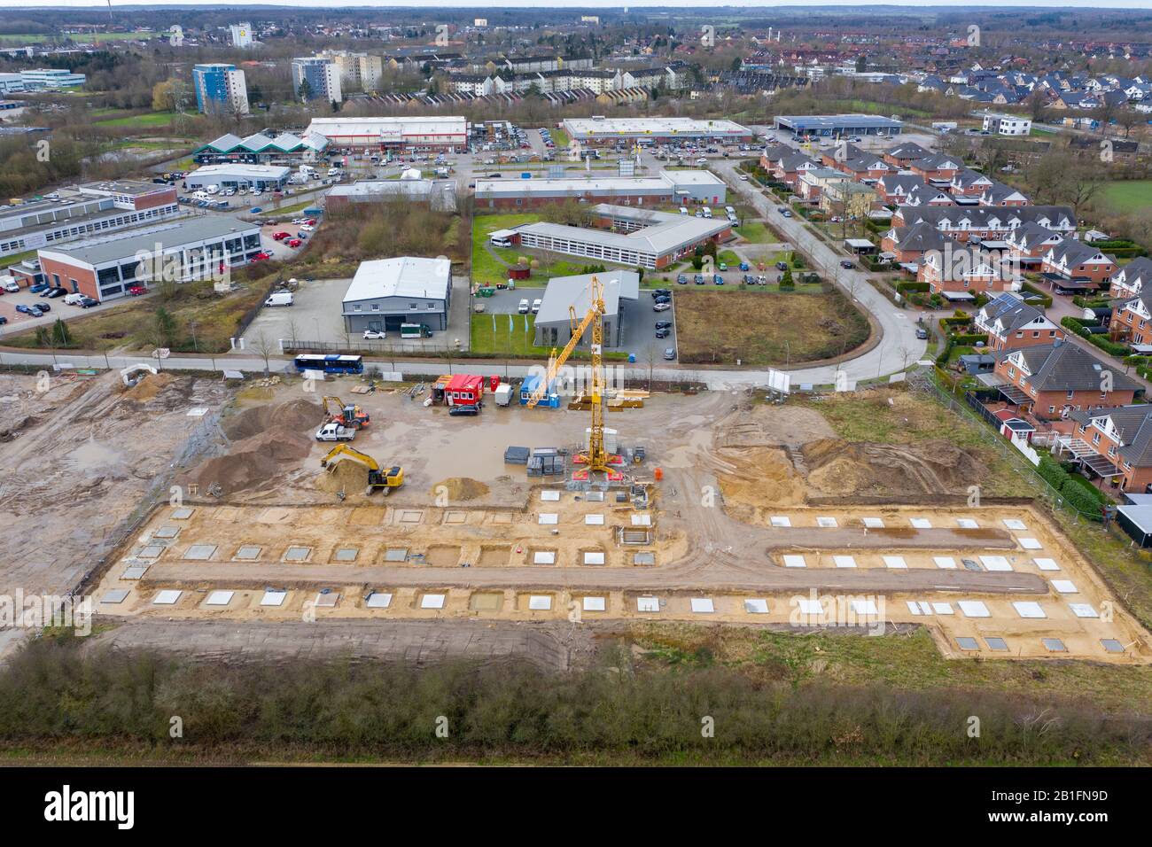 Drone images of a large construction site on which the concrete ...