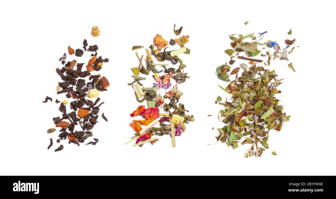 Top view of an assortment of loose tea leaves isolated on white Stock ...