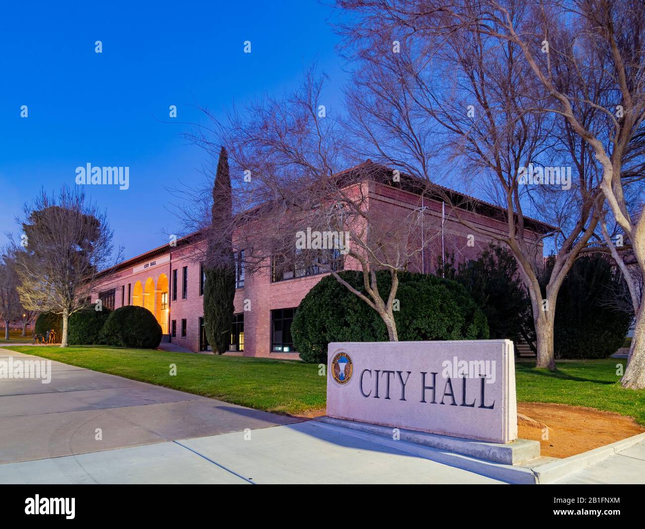 Exterior night view of the Boulder City City Hall at Nevada Stock Photo ...