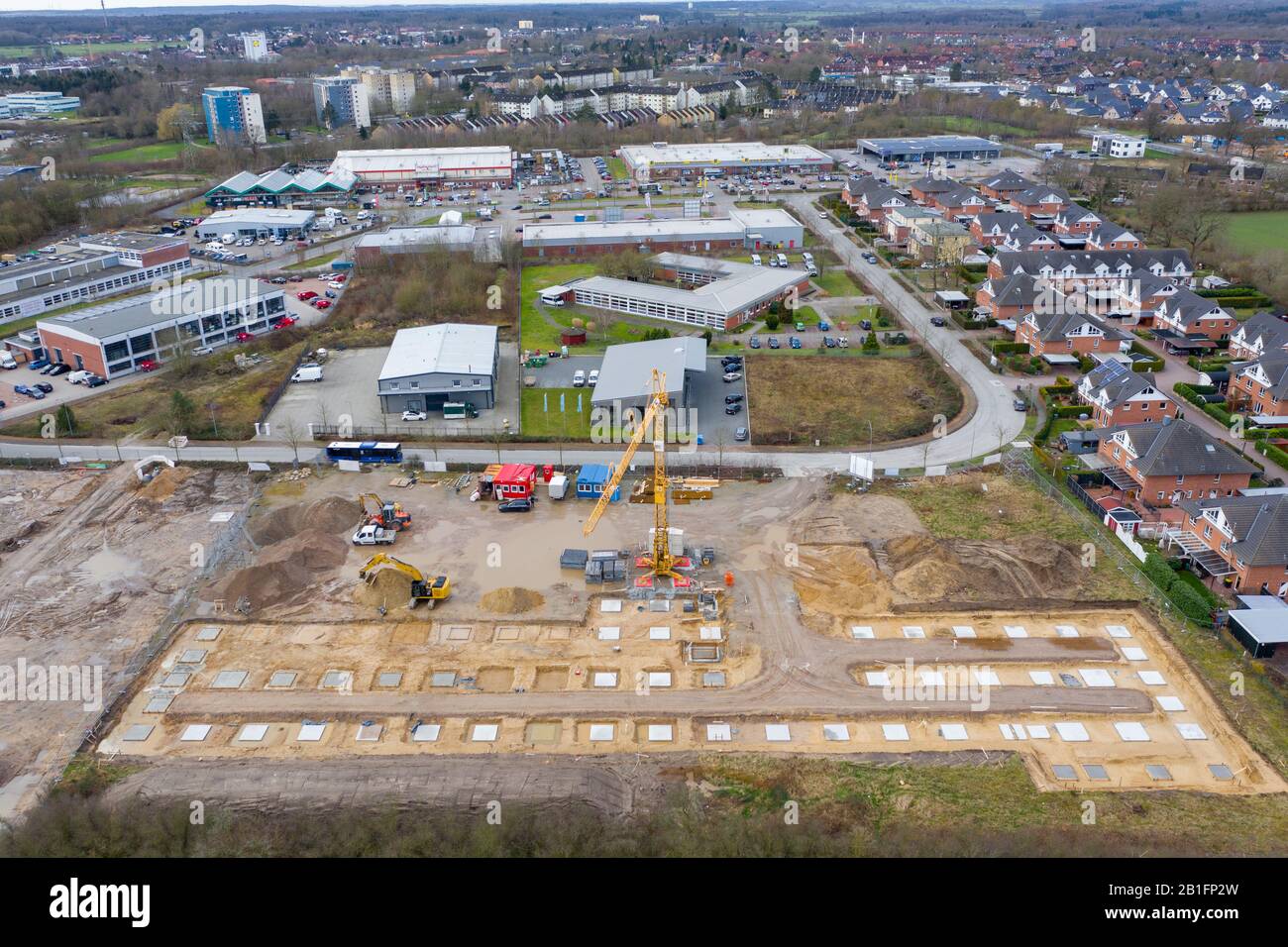 Drone images of a large construction site on which the concrete ...
