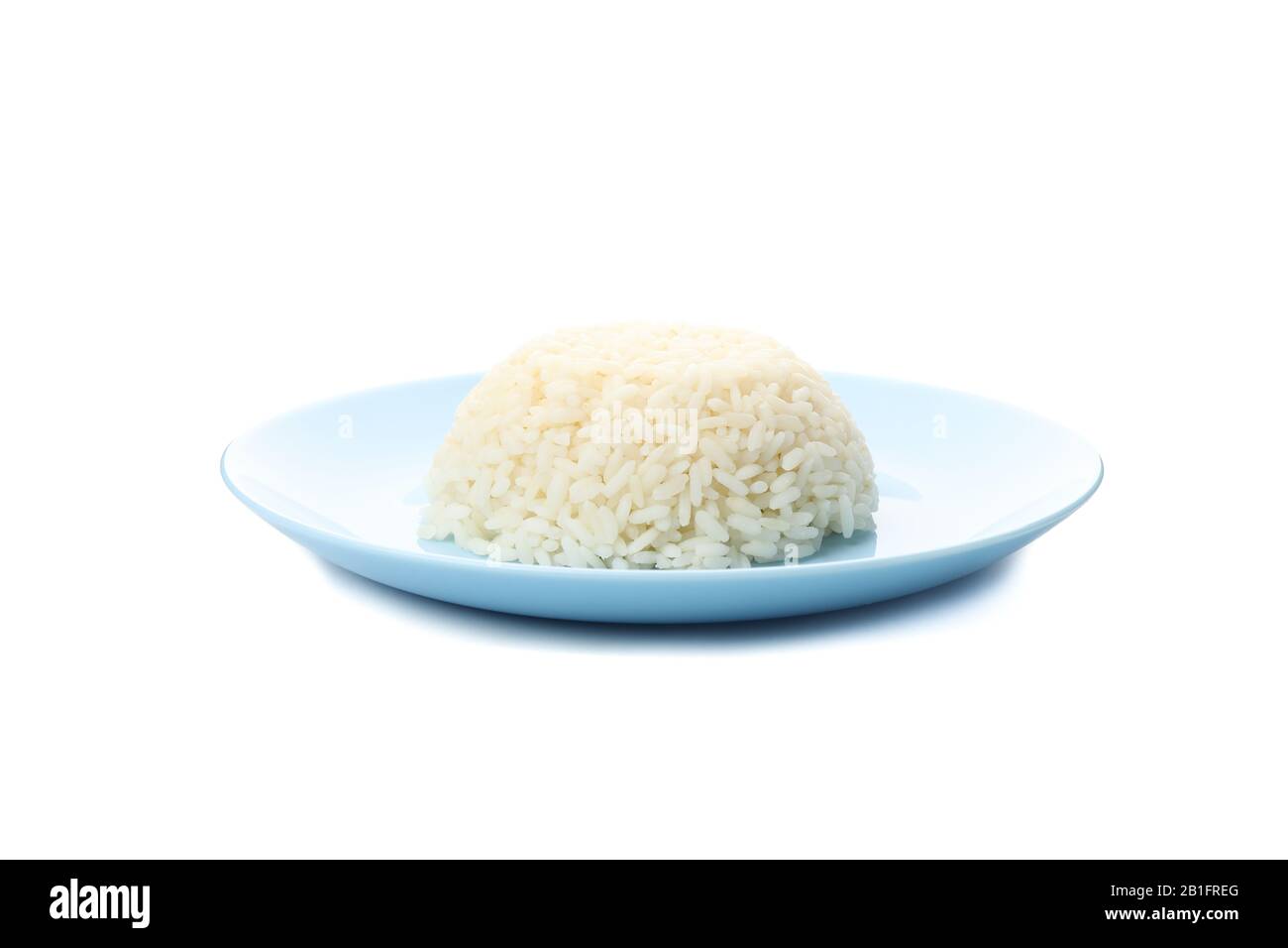 Blue plate with boiled rice isolated on white background Stock Photo ...