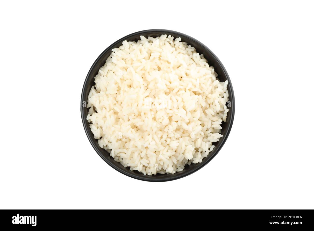 Boiled rice in black bowl isolated on white background Stock Photo - Alamy