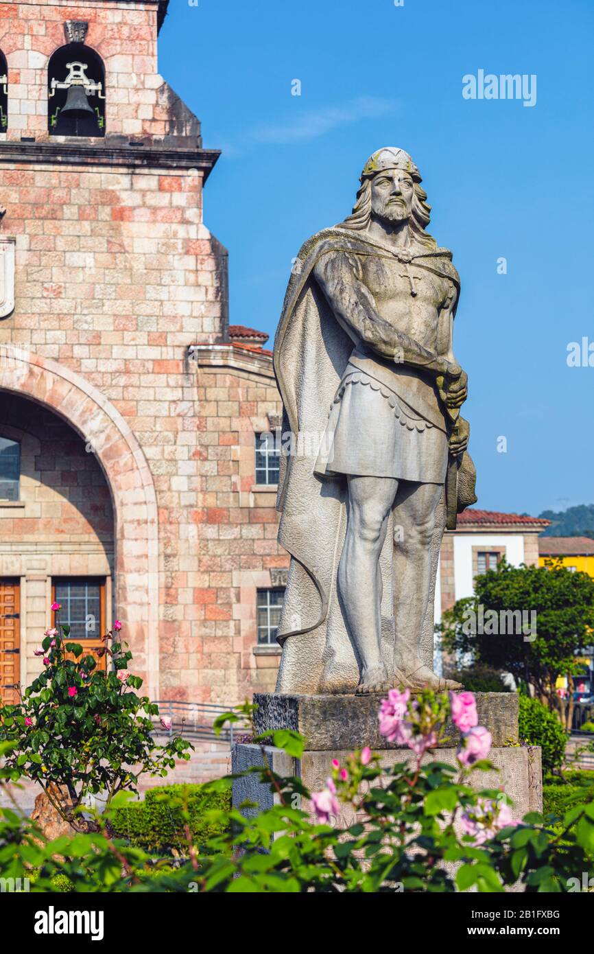Statue of Pelagius of Asturias, known in Spanish as Pelayo, in front of ...