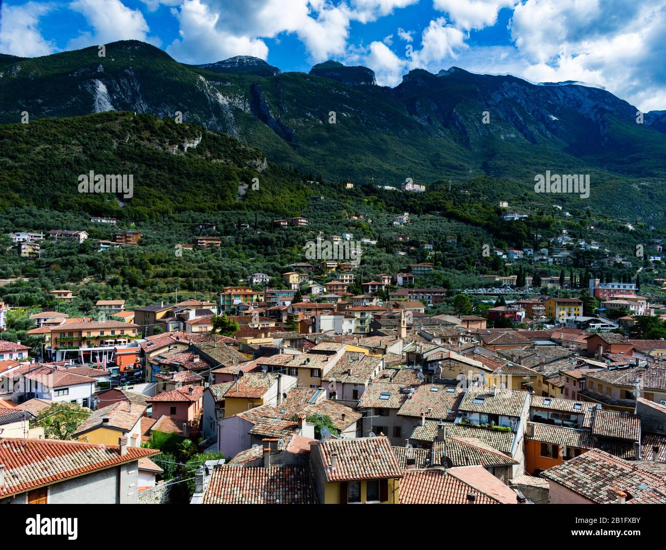 Scenic panoramic view over an old italian mediteranian village with big ...