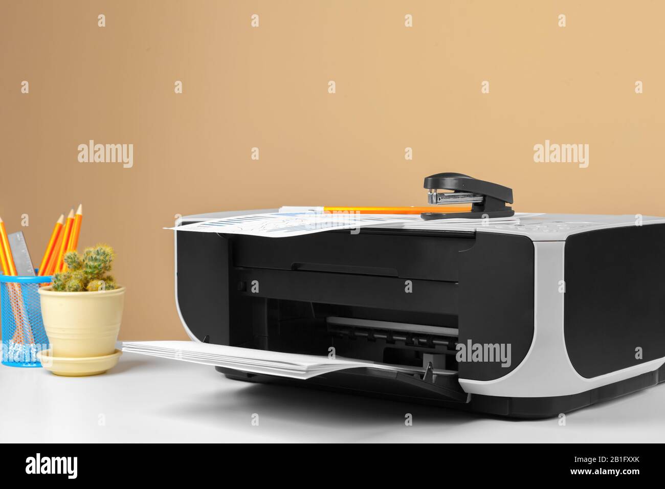 Printer, copier, scanner in office. Workplace. creative photo Stock ...