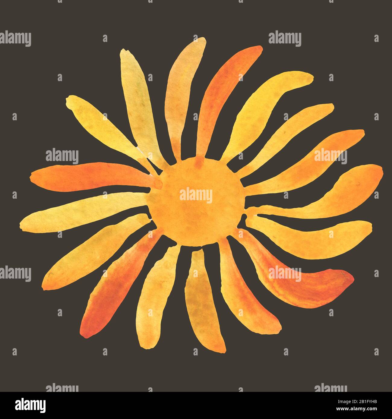 Watercolor sun, rays flat icon closeup silhouette isolated on white ...