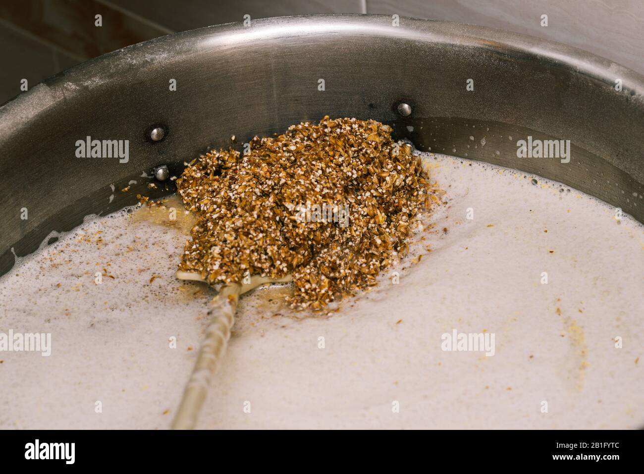 Malt is cooked in a tank. Making beer. Ground malt closeup Stock Photo ...