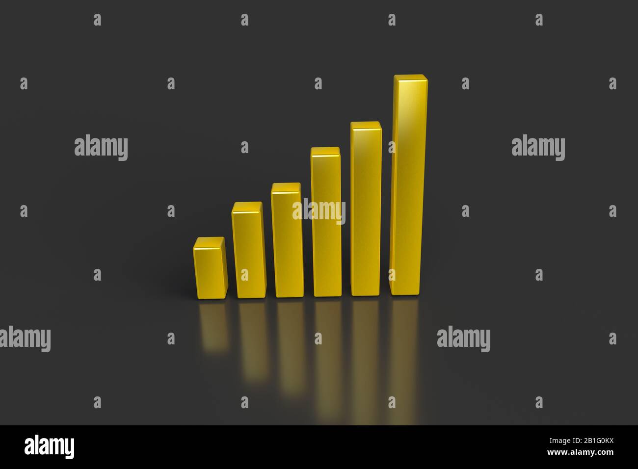 3d rendering, golden colored business statistic growth graph chart ...