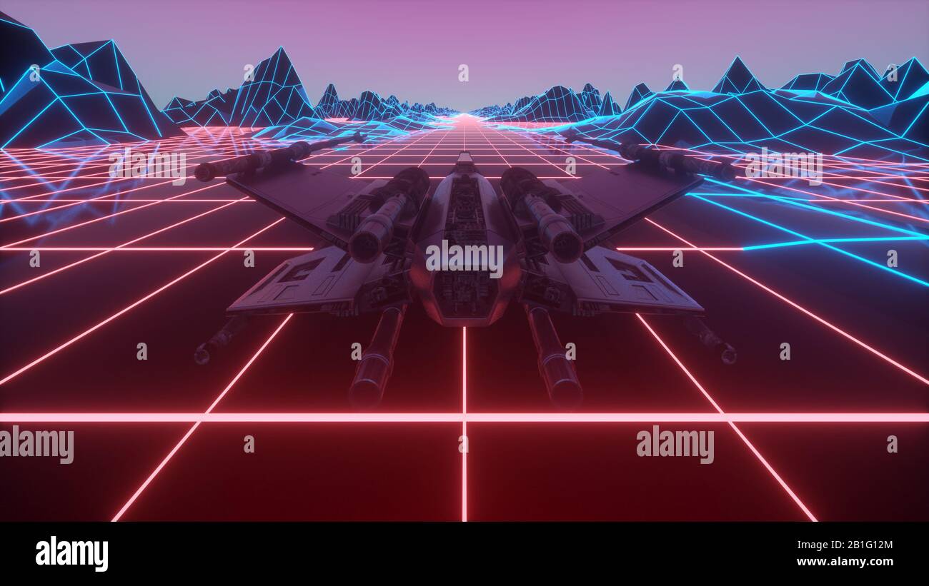 Futuristic spaceship flying through space. Retro futuristic 80's style ...