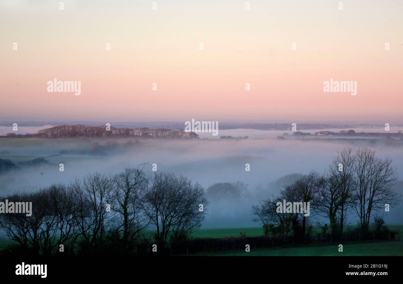 Magical Mist over the rural countryside on a winter evening Stock Photo ...