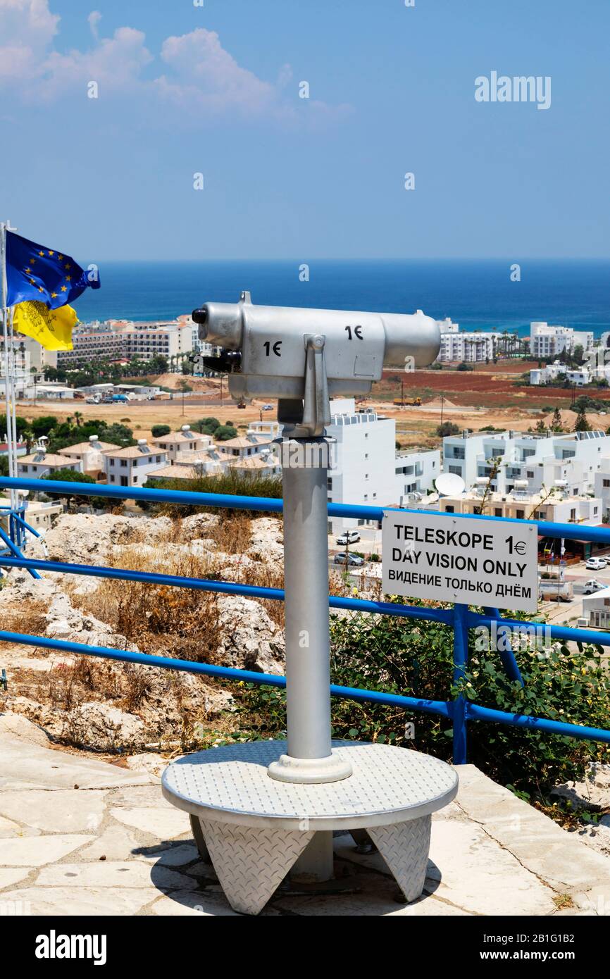 Telescope viewer at The hilltop church of Profitis Ilias, Prophet Elias ...
