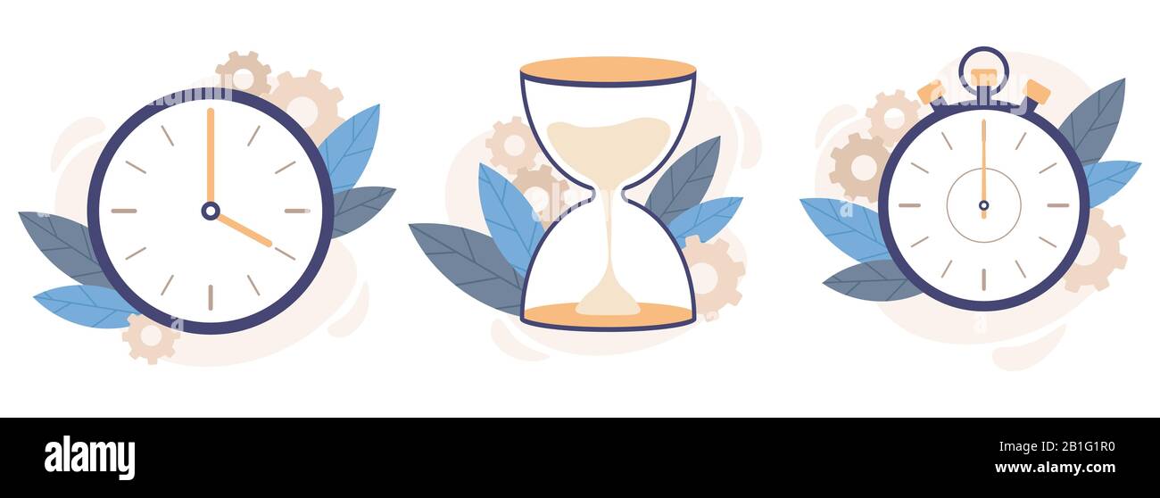 Clock, hourglass and stopwatch. Analog watch clocks, countdown timer ...