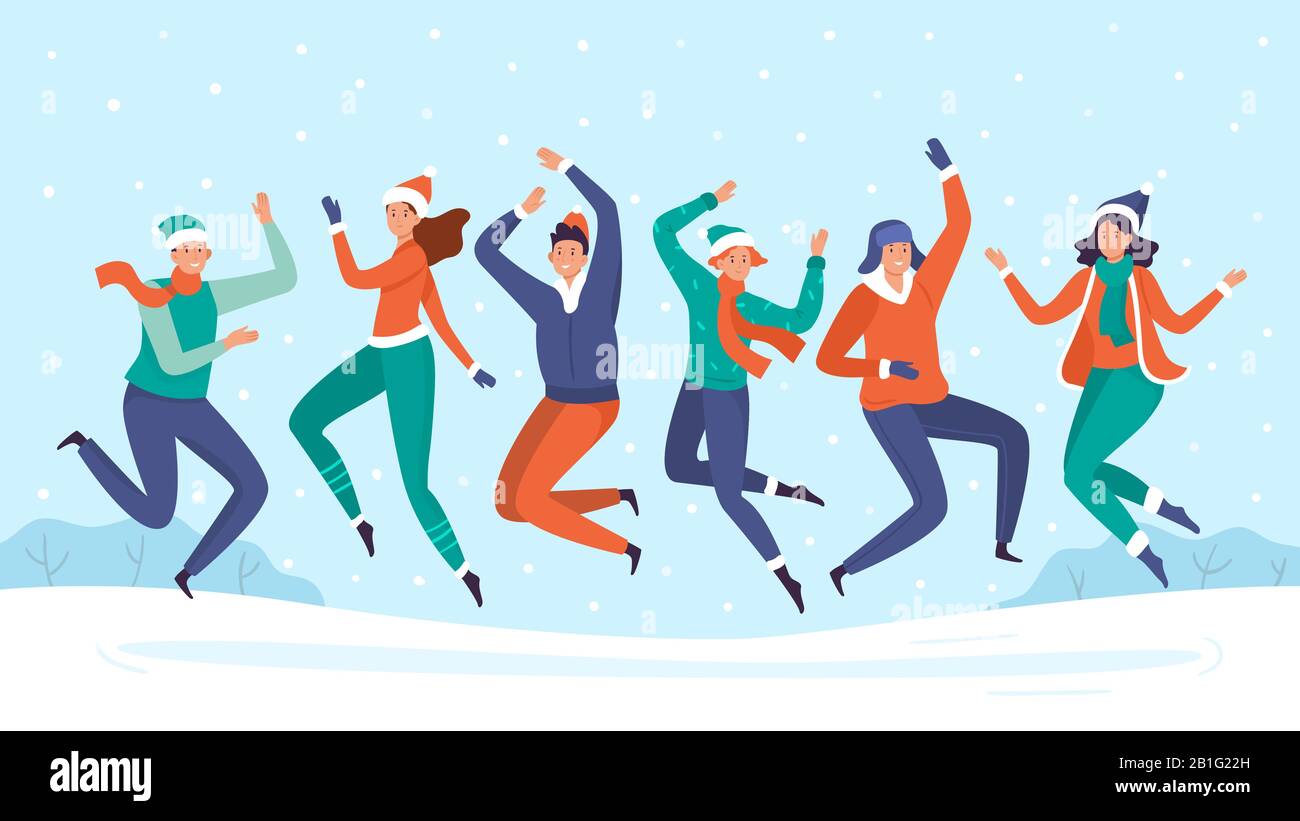 People jump in snow. Group of friends enjoy snowfall, happy winter ...