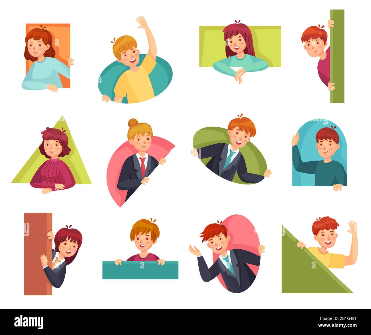 People peeking out. Man looking out, woman searching something and ...