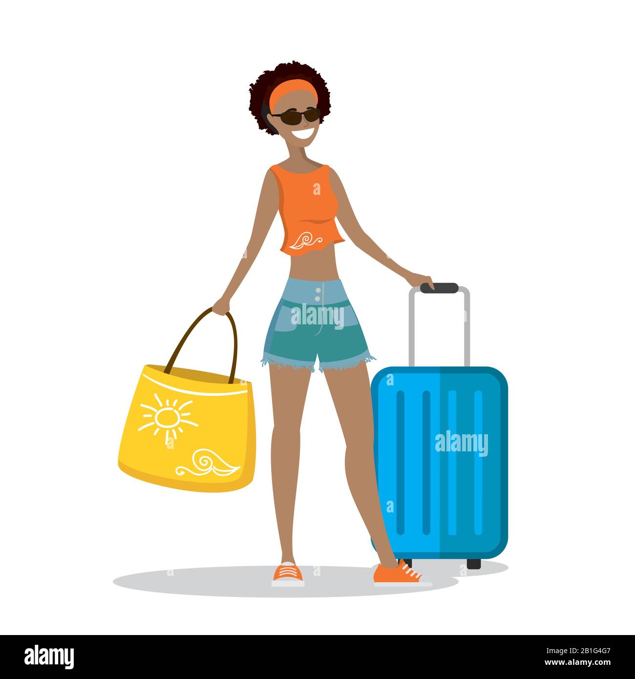 Happy cartoon Woman in beach clothes with suitcase and bag,isolated on ...