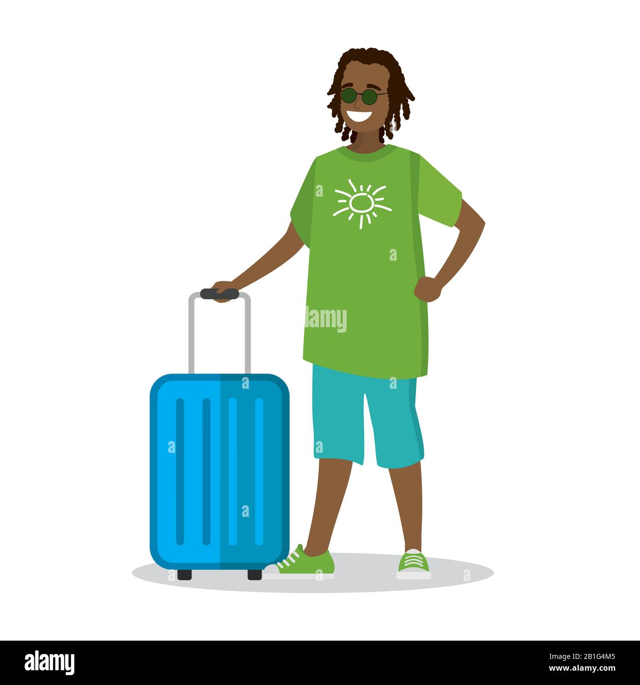 Happy cartoon african american male in beach clothes with suitcase and ...