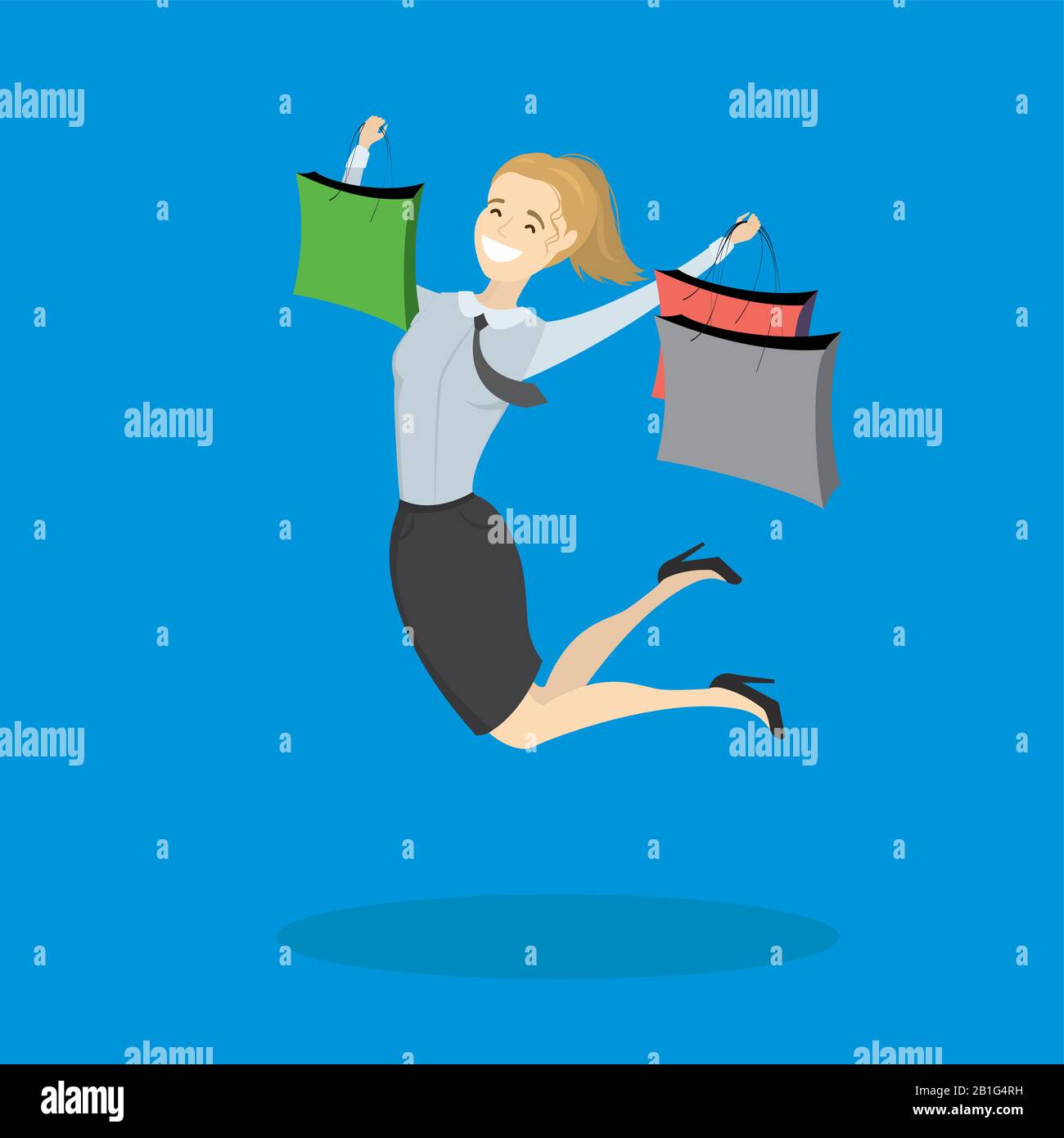 Happy Jumping woman with shopping bags,cartoon vector illustration ...