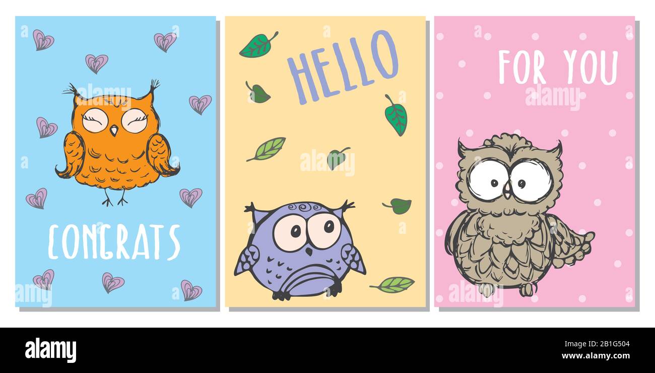 Cute hand drawn greeting cards with owls,adorable wild bird,vector ...