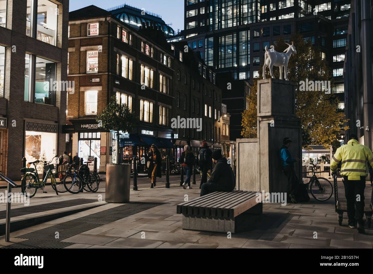 London, UK - November 29, 2019: I Goat sculpture by Kenny Hunter in ...