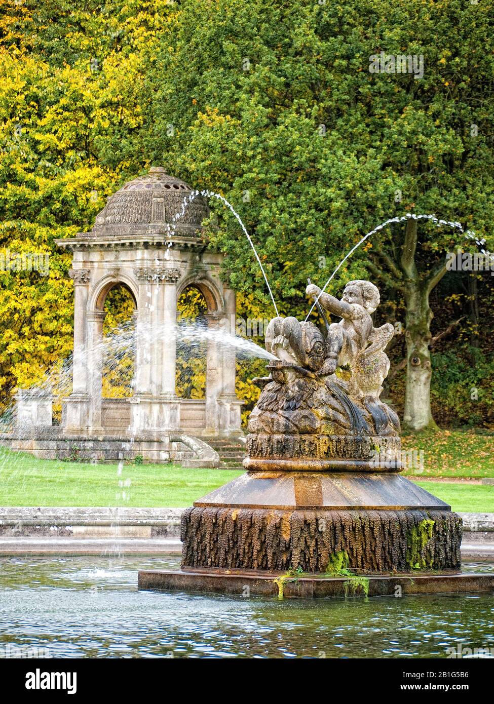 The fountain at the ruins of the Stately Home of Whitley Court near the ...